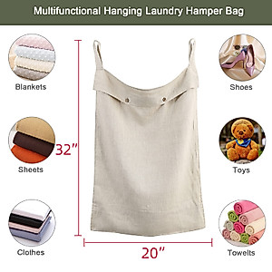Linen Hanging Laundry Bag, 100% Linen Over The Door Laundry Hamper with Buttons and Zipper, Space Saving Door Hampers for Laundry Dirty Clothes Home Travel, Linen