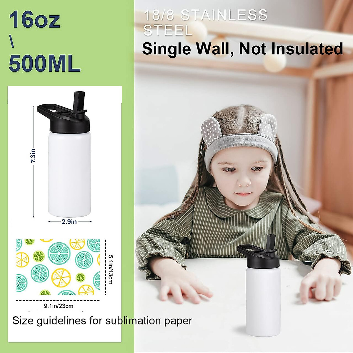 6 Pack Kids Water Bottle with Handle & Straw Lid, 16 oz Personalized Sublimation Water Bottles Blank Bulk, Stainless Steel, Leak Proof for Boys Girls to School Sports Travel Camping, DIY Gift, White