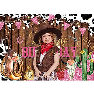 Western Cowgirl Happy Birthday Backdrop Cow Print Pink Wild Party Decorations Banner Rustic West Rodeo Boot Cowgirl Birthday Photography Background Party Supplies Banner 7X5FT(82x59inch)