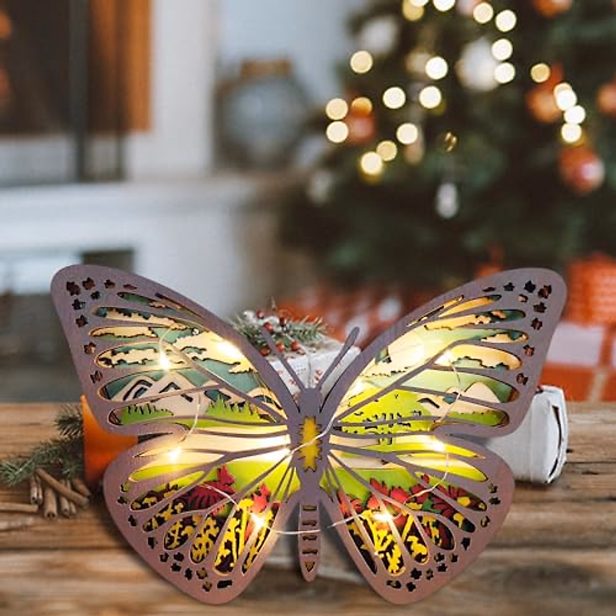 Wooden Animals Light, 3D Multi-layer Wooden Carving Light, Durable Wooden Butterfly Lights, Portable Wood Carved Lamp, Woodcarving Animal Crafts Glowing Butterfly Decor for Desktop Living Room Bedroom