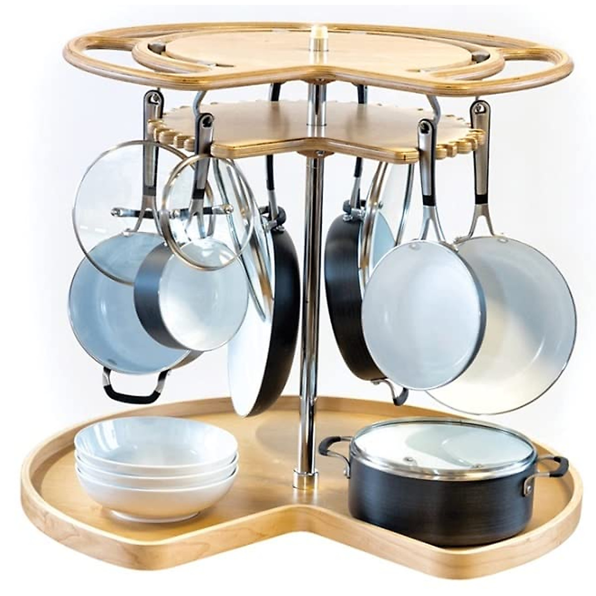 Wood Kidney Shape Swiveling Lazy Susan Hooks Pots and Pans Organizer with 7 Metal for Corner Base Cabinet (28" Diameter)