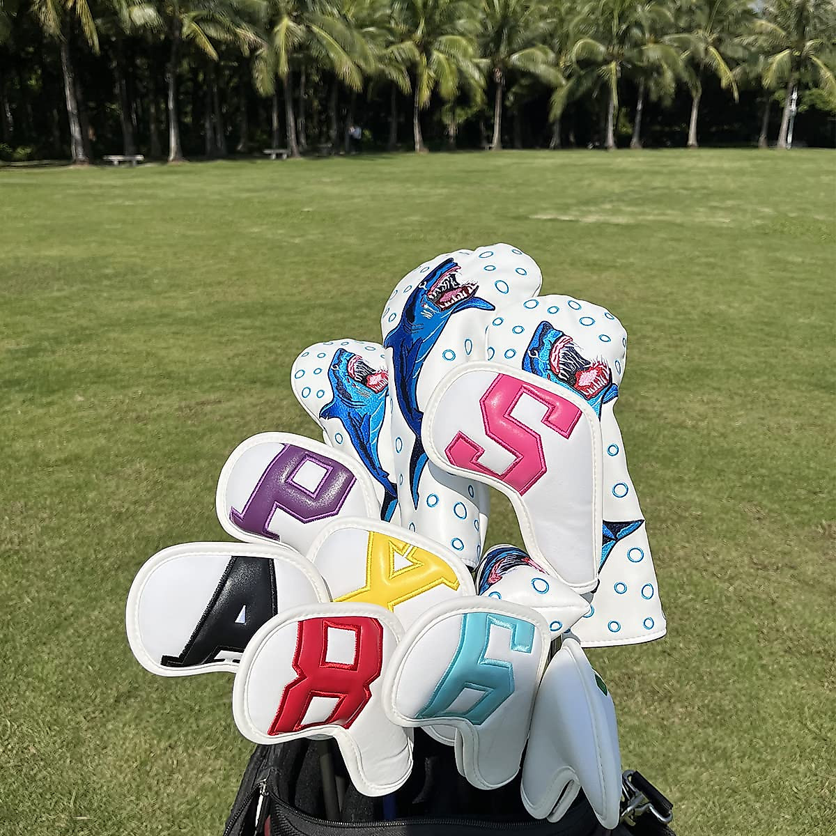 Barudan Golf Iron Club Head Covers set Headcovers for Callaway Ping S5 - Big Colorful Number - Long Neck - Black Pu Leather fits Small Standard Oversized Golf Clubs 10pcs/Pack (White+Color Number)