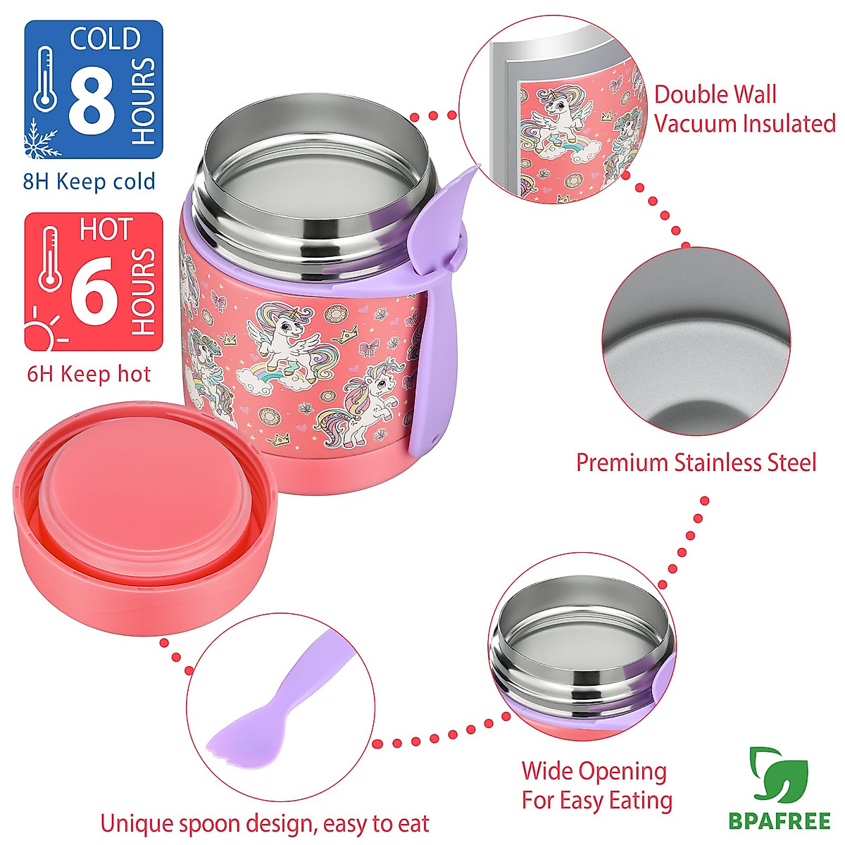 Bento Lunch Box Set for Kids with 10oz Soup Thermo, Leak-Proof Lunch Containers with 4 Compartment, Kids Thermo Hot Food Jar and Insulated Lunch Bag for Kid to School,BPA-Free(Pink-Horse)