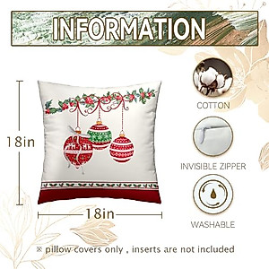 Cryfox Merry Christmas Pillow Covers 18x18 Set of 2 Winter Christmas Ball Ornament Stocking Pillow Cases Cotton Pillowcase Christmas Art Decor Throw Pillow Covers Standard Size for Couch Bed Sofa