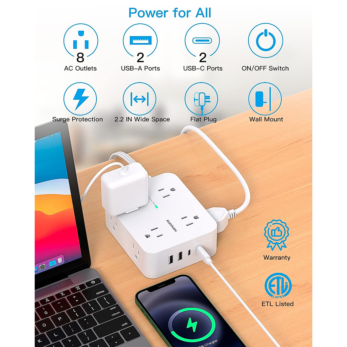 Surge Protector Power Strip, Extension Cord with Multiple Outlets, 5 Ft Ultra Thin Flat Plug 8 Outlets 4 USB Ports(2USB C),1080J Multi Plug Outlet Extender for Home Office College Dorm Room Essentials