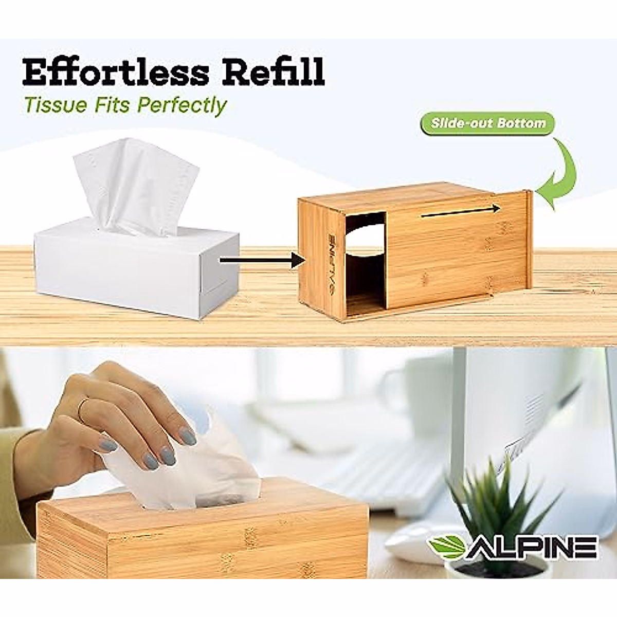 Alpine Industries Wooden Bamboo Rectangular Tissue Box Cover - Eco Friendly Pull Holder/Dispenser - Decorative Organizer for Bathroom, Office Desk & Car (Bamboo)