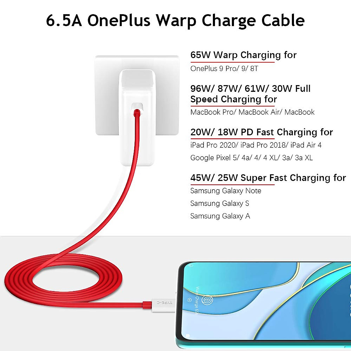 COOYA 65W Warp Charge Cable for OnePlus 9 Pro 8T Charging Cable USB C to USB C Cable Compatible for MacBook Air MacBook Pro 13 Inch 2020, 6.6FT Super Fast Charging Cord for Samsung S21 Ultra 5G S20 FE