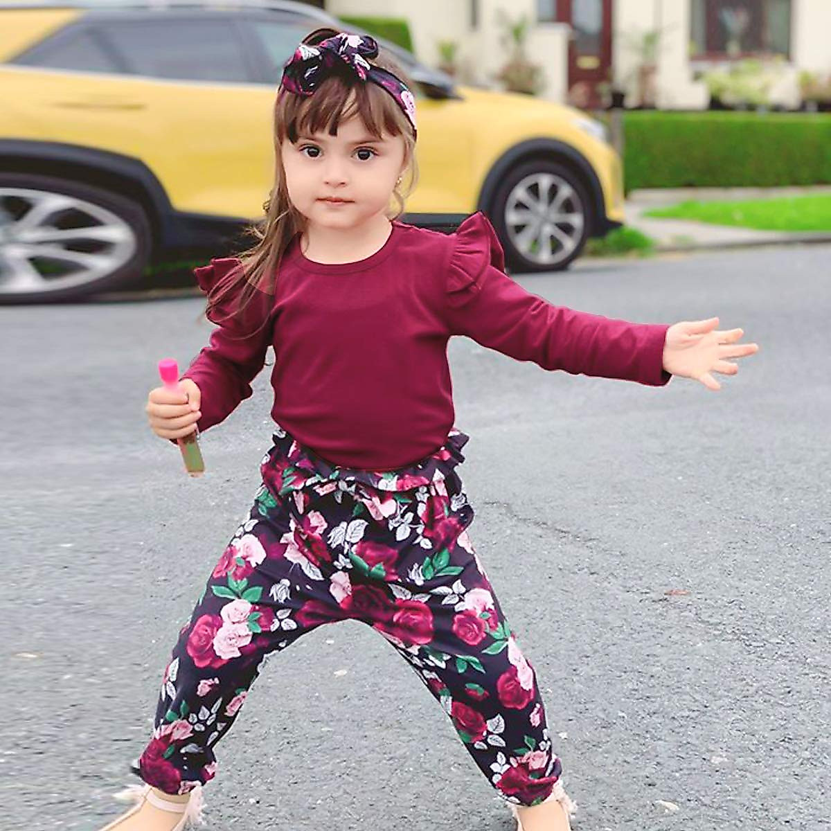 YALLET 3Pcs Toddler Girl Clothes,Solid Color Long Sleeves Ruffle Top+ Floral Pant +Floral Headband