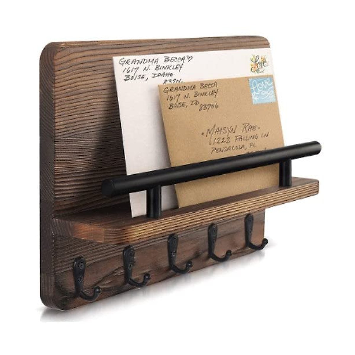 Rustic Wooden Shelf for Key Storage, Decorative Key Hanging Rack with 4 Double Hooks, Easy Install Natural Wooden Key and Mail Holder for Wall Mount – Entryway Decor