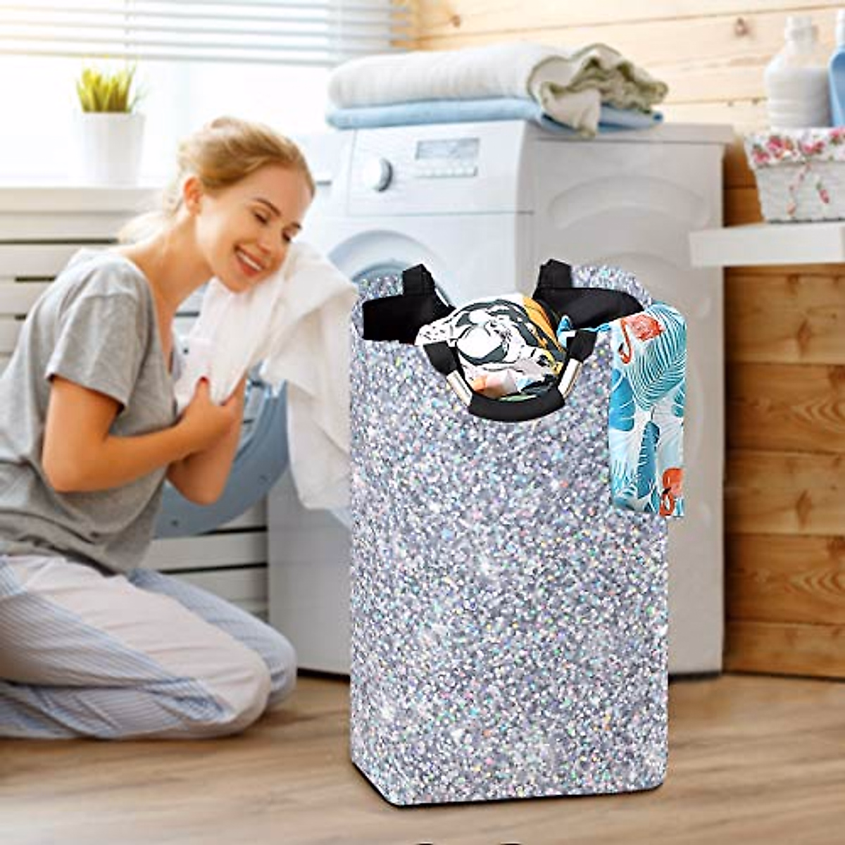Silver Laundry Basket Collapsible Fabric Laundry Hamper Washing Bin Folding Clothes Bag