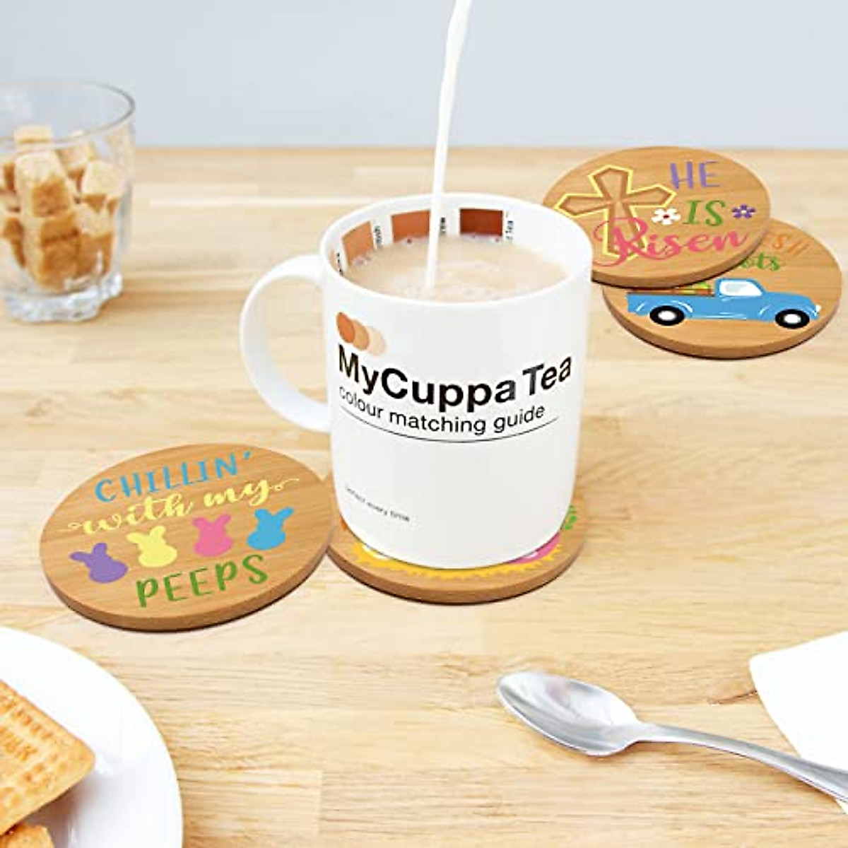 Easter Wood Drink Coasters Set Happy Easter Spring Festival Theme Gift Easter Bunny Eggs Carrots Decor Round Bamboo Coasters for Tabletop Protection Cup Glass Bottle Mat Heat Resistant Set of 6