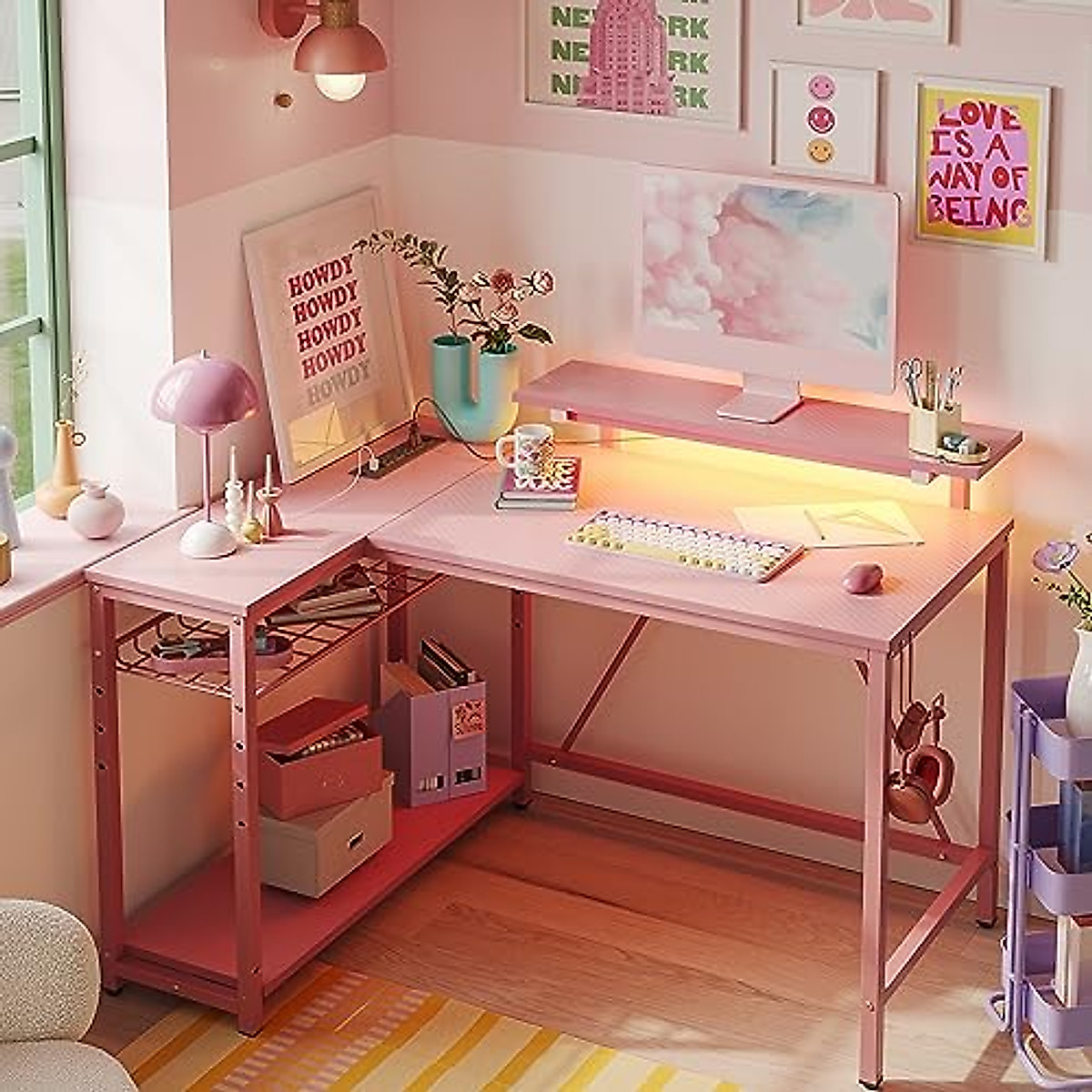 Bestier Gaming Desk with Power Outlets,42 LED Small Corner Computer Desk with Reversible Storage Shelves,L Shaped Desk with Hooks Workstation Desk for Office and Bedroom,Pink Carbon Fiber