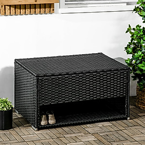 Outsunny Outdoor Deck Box and Shoe Storage, PE Rattan Wicker Towel Rack with Liner for Indoor, Outdoor, Patio Furniture Cushions, Pool, Toys, Garden Tools, Black