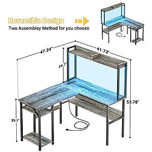 Unikito L Shaped Gaming Desk with LED Strip and Power Outlets, Reversible L-Shaped Computer Desk with Storage Shelves, Corner Desk with Hutch, 2 Person Home Office Desk, Black Oak