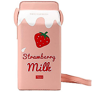 QiMing Strawberry Milk Box CrossBody Purse Bag,PU Phone Shoulder Wallet for Women Girl
