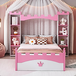 SOFTSEA Twin Size Platform Bed with Storage Shelves, Castle Shaped Bed for Kids, Twin Size Princess Bed for Girls, Kids Twin Bed Frame, No Box Spring Needed, White