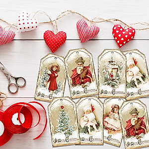 60 Vintage Christmas Tags, Merry Christmas Gift Tags, Retro Xmas Paper Tags with String, Christmas Journal Planner Tags Party Supplies