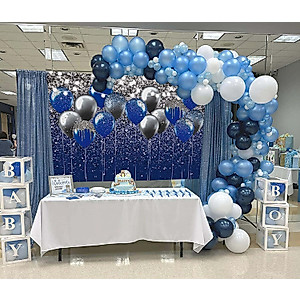 Royal Blue Glitter Backdrop Blue and Silver Black Balloon Sequin Photography Background for Birthday Wedding Graduation Prom Party Banner Decoration Photo Props (8x6FT)