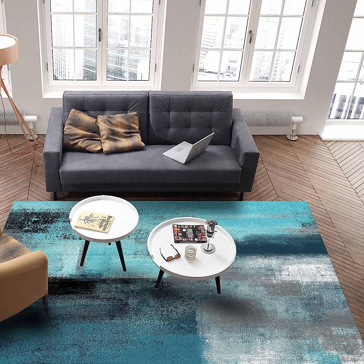 Contemporary Non-Slip Area Rug Turquoise and Grey Abstract Art Painting Teal Printed Rugs Art Carnival Rubber Backing Living Room Floor Mats Rectangle Area Rug Carpet for Indoor 2.7'x5'