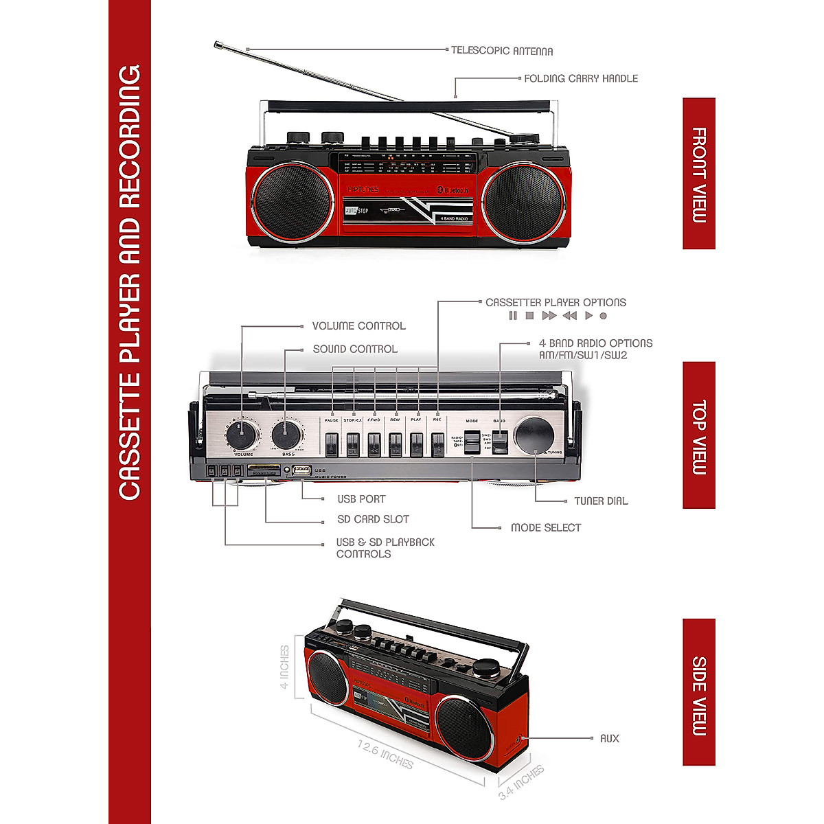 Riptunes Cassette Boombox, Retro Blueooth Boombox, Cassette Player and Recorder, AM/FM/SW-1-SW2 Radio-4-Band Radio, USB, and SD, RED