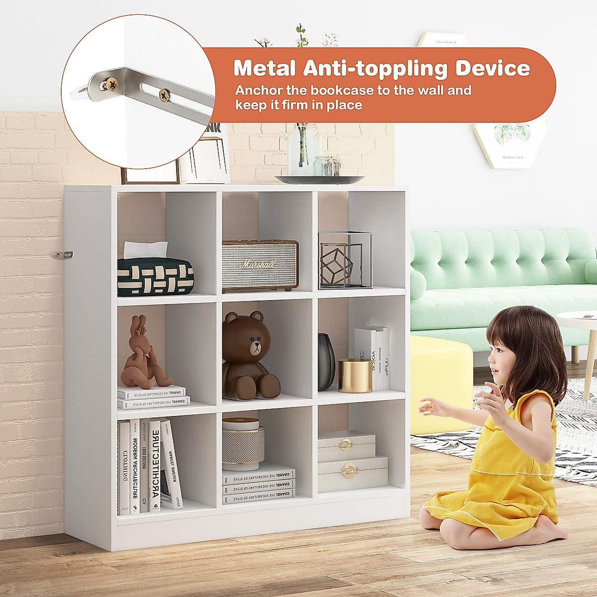 HONEY JOY Kids Toy Storage Organizer, 9-Section Storage Daycare Shelf for Preschool, Children 3-Tier Open Wooden Display Book Shelf Organizer for Classroom, Playroom & Nursery, Kindergarten(White)