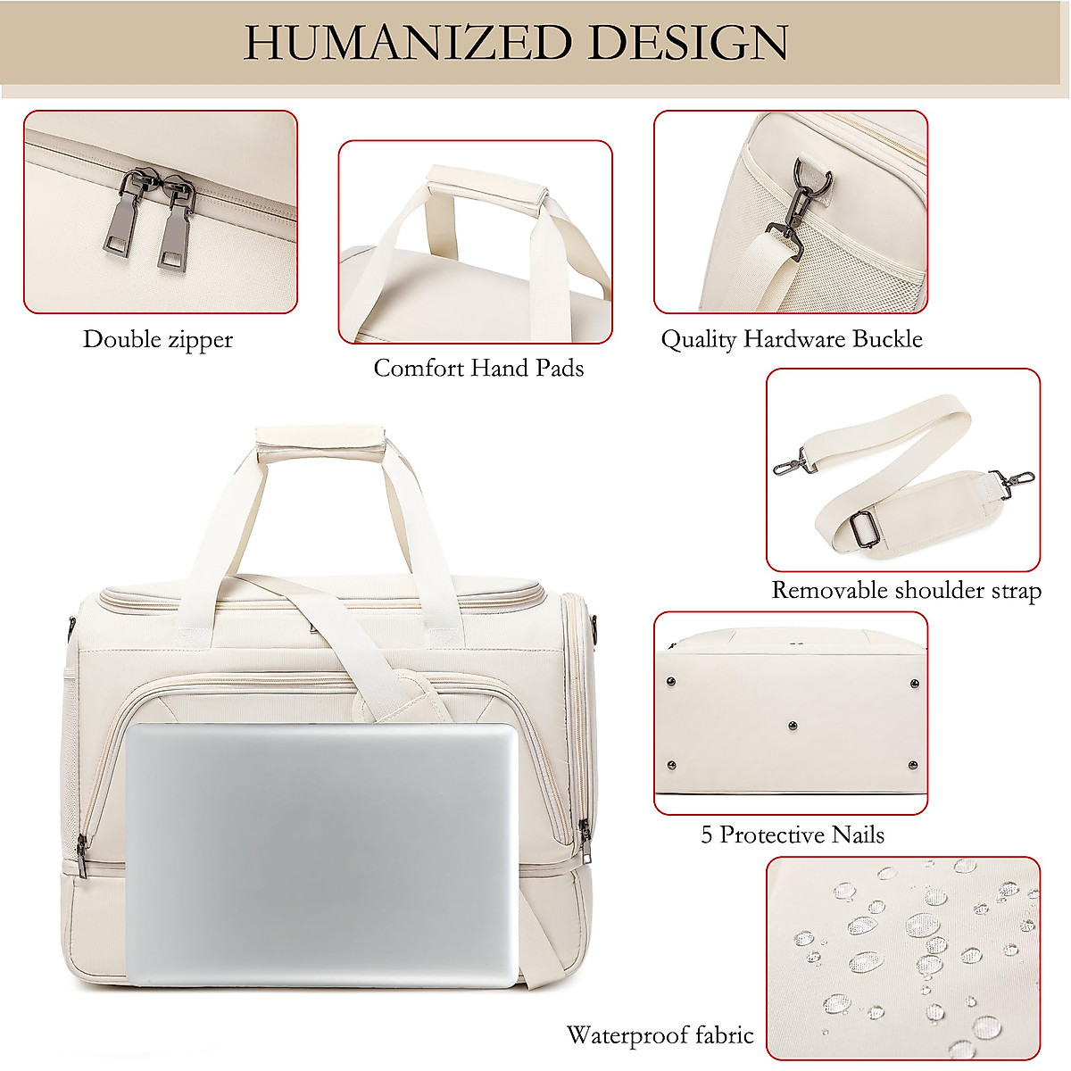 Makukke Weekender Overnight Bag for Women, Large Travel Carry on Duffle Bag with Shoe Compartment & Toiletry Bag, Sports Tote Gym Bag, Beige Weekender Bag