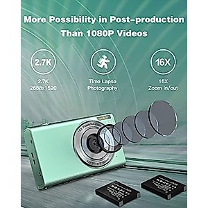 Digital Camera 2.7K 48MP Vlogging Camera, Auto Focus Digital Point and Shoot Camera with 32GB Memory Card,16X Zoom-Pink