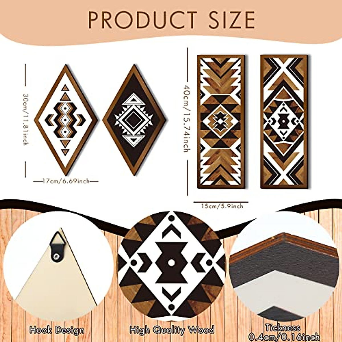 Tatuo 6 Pcs Farmhouse Home Wall Decor Western Snake Wall Decor Witchy Wooden Decor Witchy Wall Decor Altar Decor for Bedroom Living Room Bathroom Apartment (Rhombus, Rectangular Geometric)