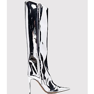 MissHeel Silver Metallic Knee High Boots Sexy Patent Leather Stiletto High Heels Boots for Women Slouch Wide Calf Boots Pointed Toe Size 7