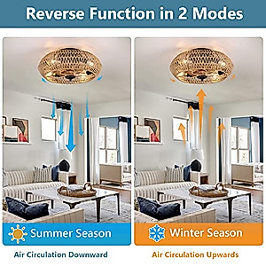 Dimmable Ceiling Fans with Lights and Remote, Rattan Ceiling Fan with 5 Bulbs, Enclosed Low Profile Flush Mount Ceiling Fan w/Reversible Blades/Memory Function/6 Speeds/Timing for Bedroom Living Room