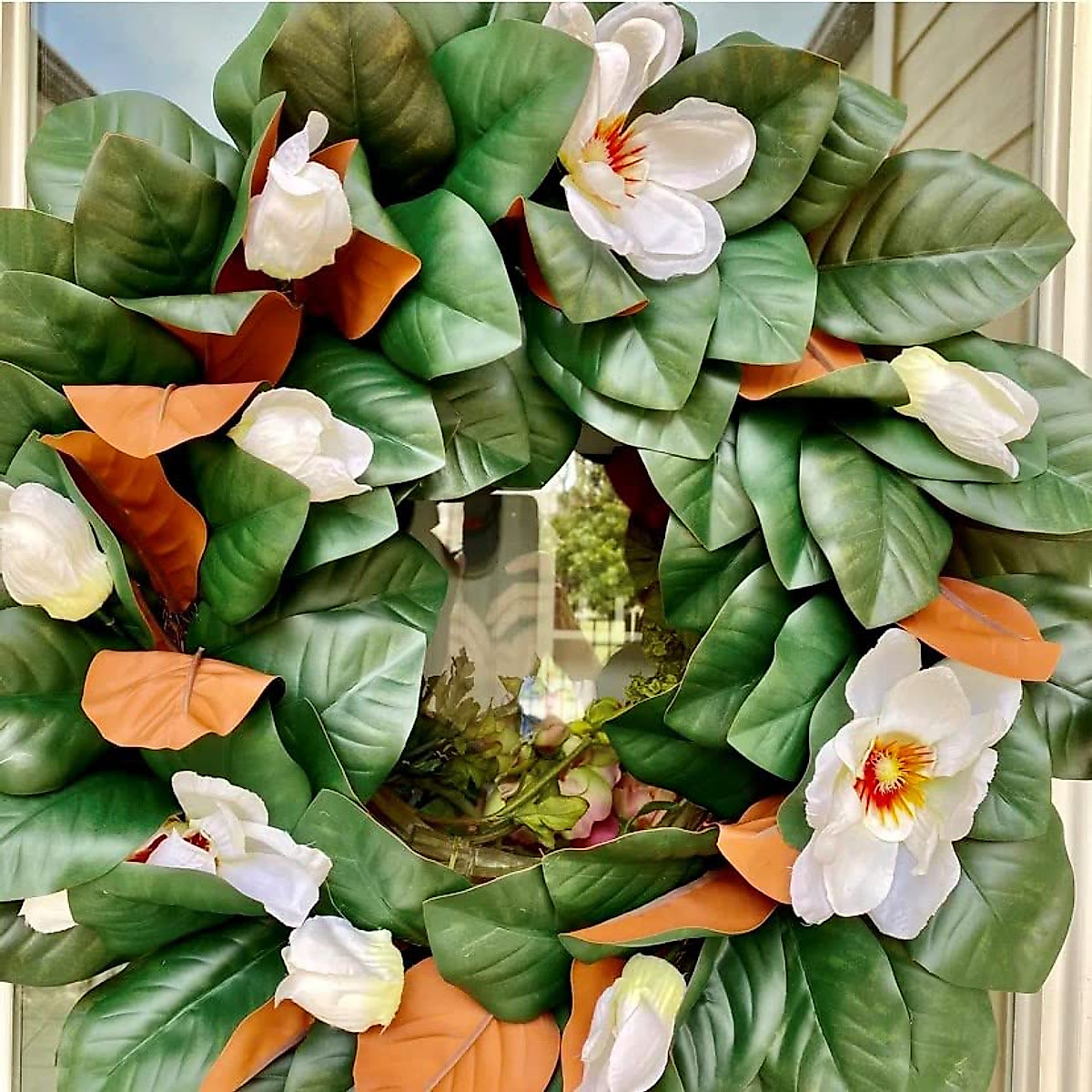 Haute Decor Southern Magnolia Leaves and Blooms on Natural Grapevine Wreath - Large 24 inch Magnolia Wreath for Front Door - Front Door Wreath for Spring, Summer, Fall