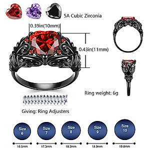 Gothic Skull Rings Heart Cubic Zirconia Crystal Women Wedding Ring for Women Gifts Statement Cocktail Party Biker Ring Jewelry (Red, 7)