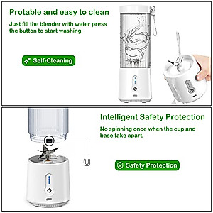Portable Blender,TECMOSAIC Personal Blender for Shakes and Smoothies with 15 Oz Travel Cup and Lid,Mini Blender USB Rechargeable-White