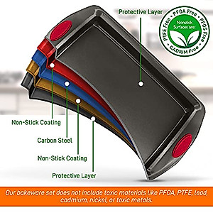NutriChef 2-Piece Baking Pan Set - PFOA, PFOS, PTFE Free Flexible Nonstick Black Coating Carbon Steel Bakeware - Professional Home Kitchen Bake Cookie Sheet Stackable Tray w/Red Silicone Handles
