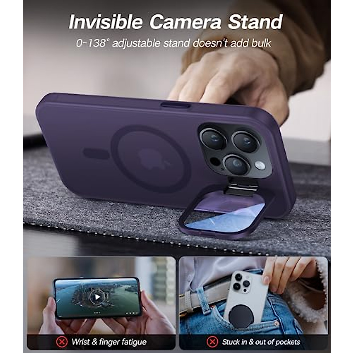 VOFATA for iPhone 14 Pro Case with Metal Camera Stand [Built-in 9H Camera Lens Protector][Compatible with Magsafe] Military Grade Shockproof Translucent Matte Magnetic Phone Case 6.1",Purple