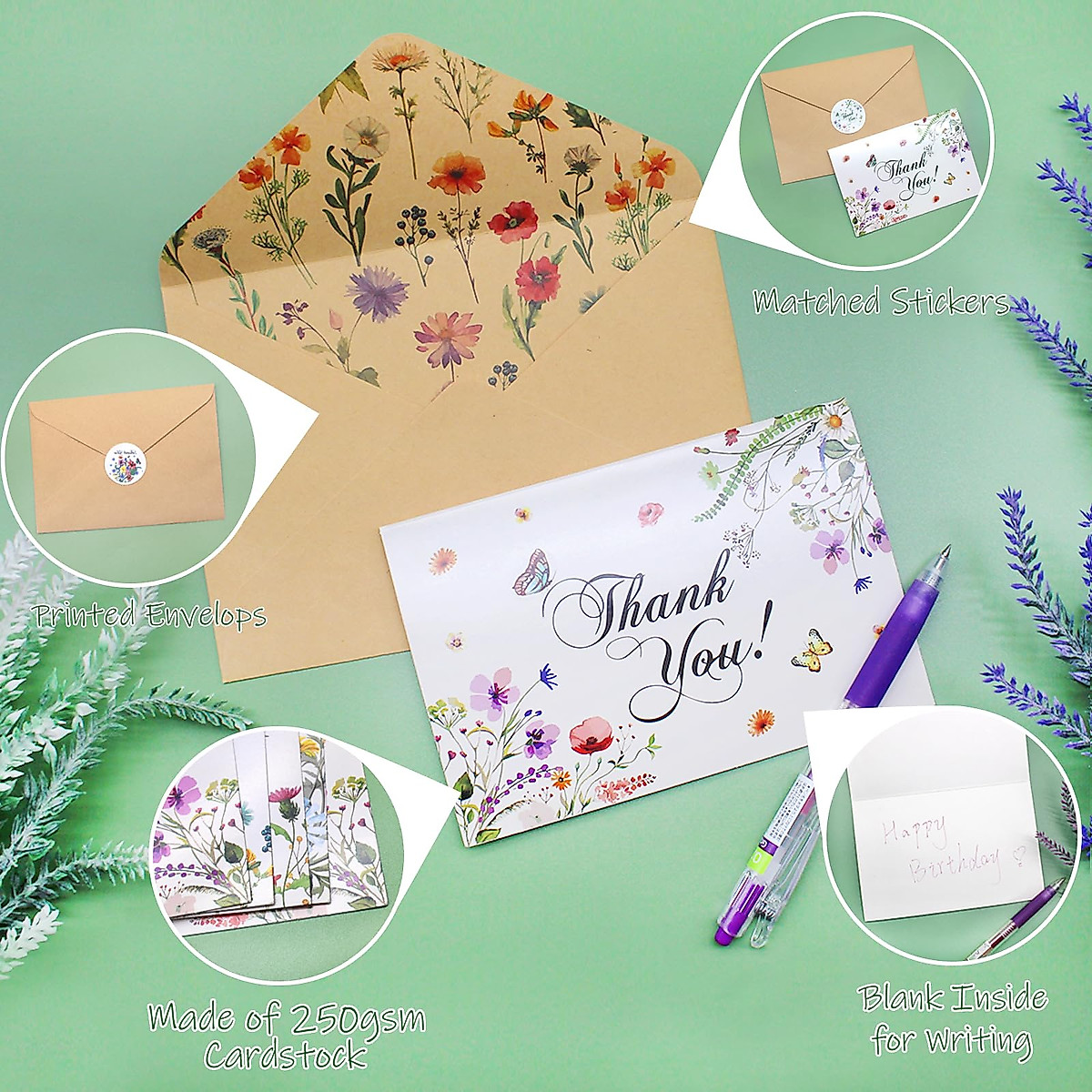 Anvin Thank You Cards 24 Pcs with Kraft Envelopes and Stickers Wildflower Design Blank Note Cards for Wedding, Business, Baby Shower, Funeral, Graduation, Bridal Shower (4x6 Inch)