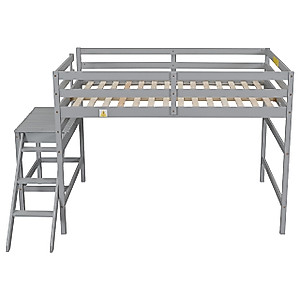 Lifeand Full Loft Wooden Bed with Platform,Ladder,Grey
