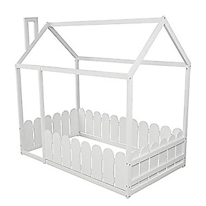 Twin Size Wood Bed House Bed Frame with Fence, Cabin Bed, Floor Bed, Nursery Furniture, Kids Tent Bed Play Tent (White)