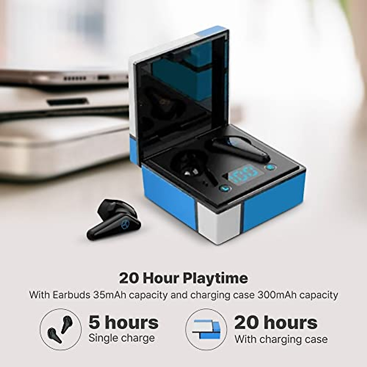 Tone Cube Design Wireless Headphones, Wireless Bluetooth Earbuds,Sport Earbuds,Bluetooth 5.3 Clip-on Earphones,Premium Sound, Noise Cancelling, 30 Hours Playtime with Case for Android iOS (Blue)
