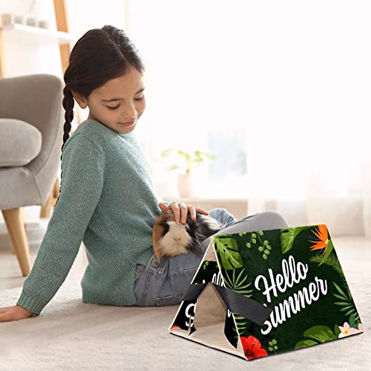 Y-DSIWX Guinea Pig Hideout Cozy Hamster House Cave for Bunny Chinchilla Hedgehog Small Animal Hello Summer Tropical Palm Leaf