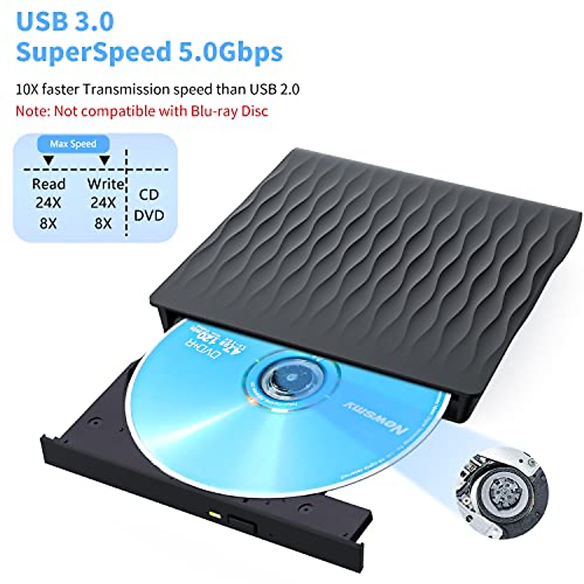 LPUNCD External CD/DVD Drive for Laptop USB 3.0 & Type-C，External CD DVD Burner CD/DVD+/-RW Rewriter for Laptop, Desktop, iMac, MacBook, Compatible with Windows 11/10/XP/8/7/Vista/Linux/MacOS, Black