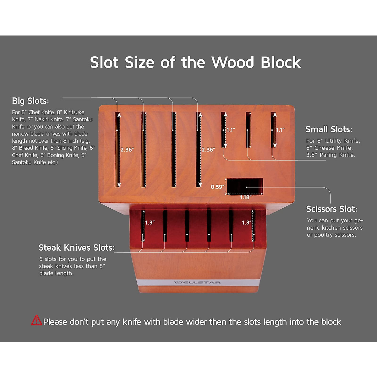 14 Slot Kitchen Knives Block, WELLSTAR Natural Wood Knife Holder without Knives – Hard Wood Countertop Knife Storage – Brown
