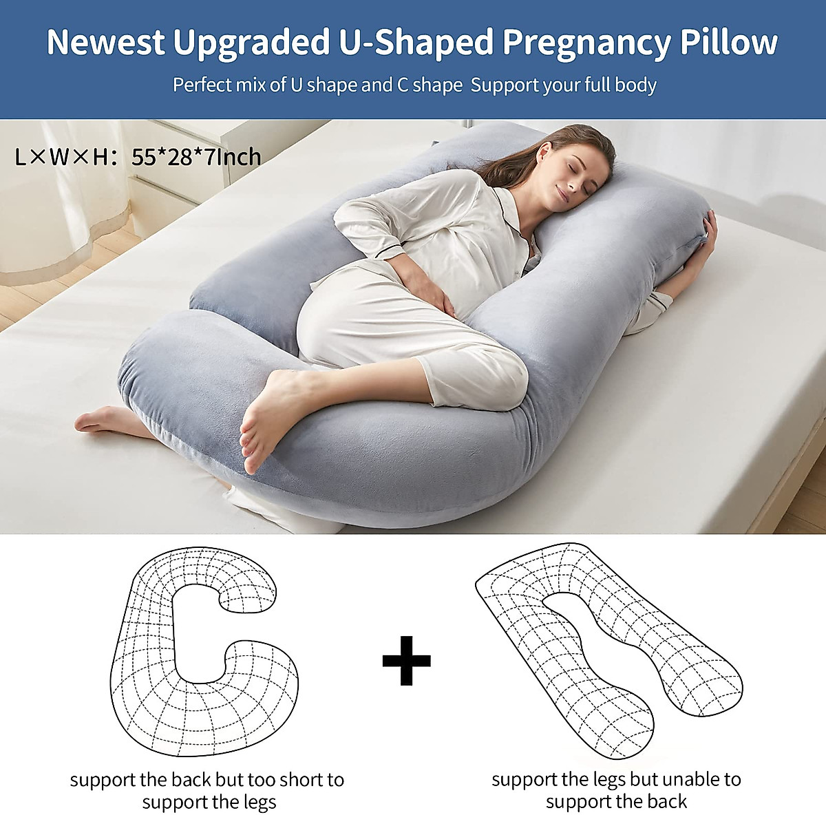 U Shaped Pregnancy Pillows for Sleeping, 57 Inch Maternity Pillow for Pregnant Women with Removable and Washable Velvet Cover, Full Pregnancy Body Pillow Support for Back, Hips, Legs, Belly