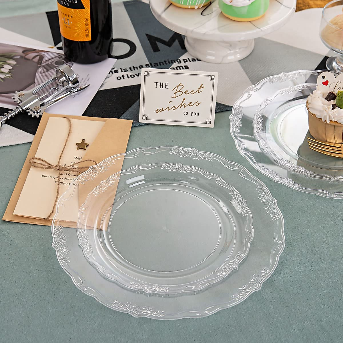 U-QE 100 Pieces Clear Plastic Plates - Clear Disposable Plates - Premium Hard Clear Plates for Party, Holiday and Party Use Including 50 Dinner Plates 10.25 '' & 50 Dessert Plates 7.5 ''