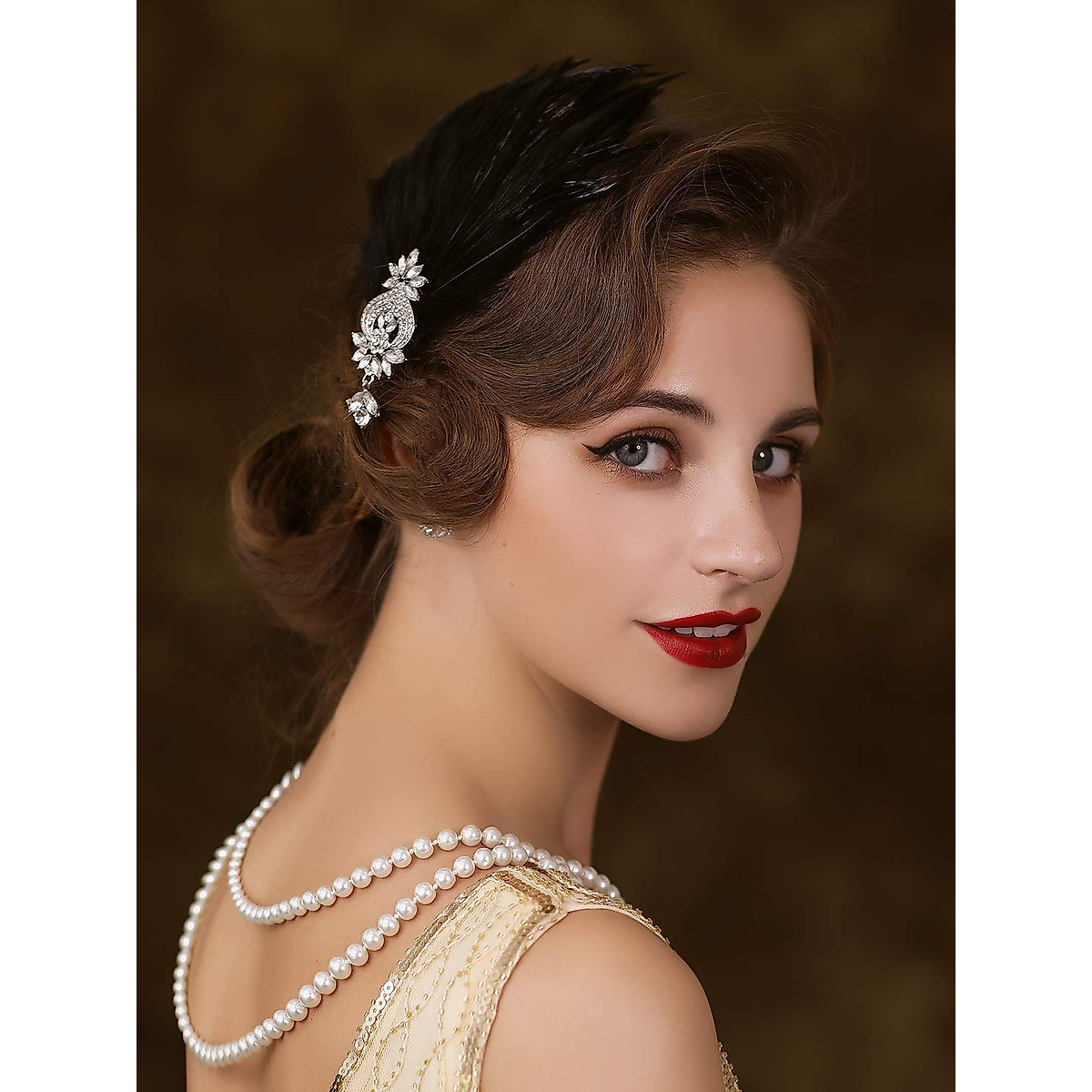 SWEETV 1920s Feather Headpiece Flapper Headband, Roaring 20s Hair Accessories Great Gatsby Hair Clip Black