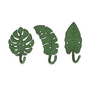 Zeckos Set of 3 Cast Iron Green Tropical Leaf Decorative Wall Hooks - Functional and Stylish - 6 Inches High - Beach Elegance - Perfect for Towels, Coats, and More