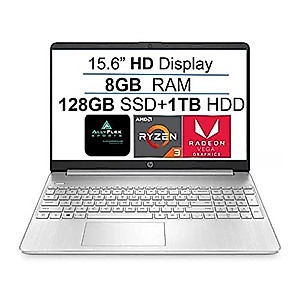 Newest HP 15 15.6" HD Display Laptop Computer, AMD Ryzen 3 3250U(up to 3.5GHz, Beat i3-8130U), 8GB DDR4 RAM, 128GB SSD+1TB HDD, WiFi, Bluetooth, HDMI, Webcam, Remote Work, Win 10 S, AllyFlex MP