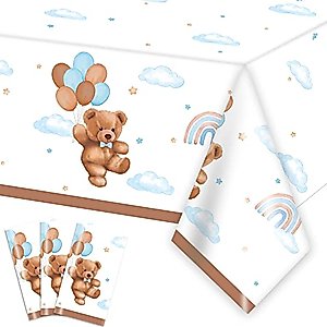 3 Pieces Teddy Bear Baby Shower Tablecloths Plastic Table Cover, Boho Brown Blue Baby Shower Birthday Party Decorations Supplies for Boys Kids Large Size 108×54 Inch Rectangular Cute Bear Table Cloth