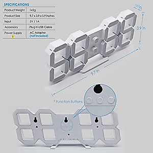 KOSUMOSU 3D LED Digital Wall Clock ,9.7", Large Display Table/ Desk Clock with Remote Control 12/24H Temperature (White Light)