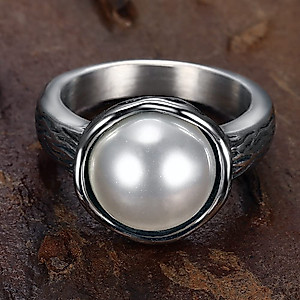 Jude Jewelers Stainless Steel Faux Pearl Solitaire Style Wedding Engagement Proposal Statement Anniversary Ring (Silver White, 10)